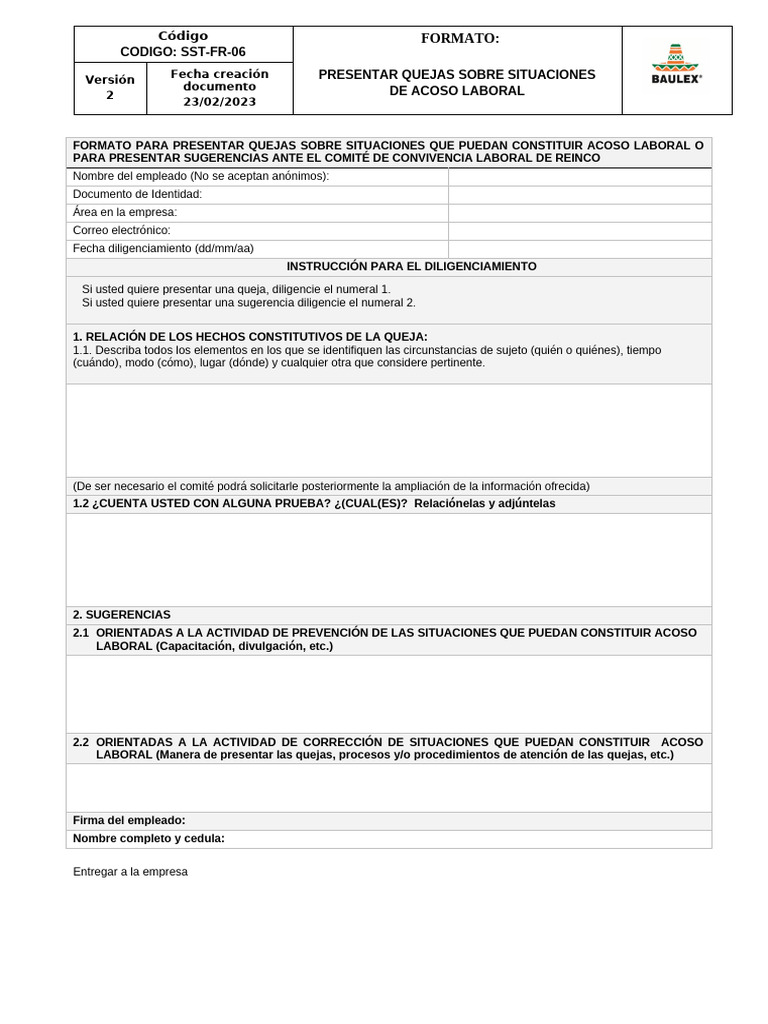 Formato-quejas-Comite-de-Convivencia-Laboral | PDF