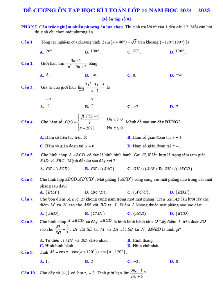 De on Tap HK1 Lop 11 | PDF