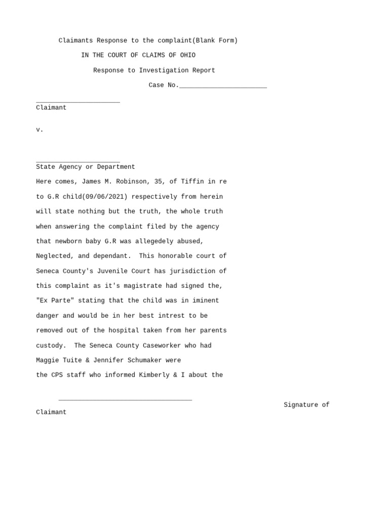 Claimants Response to the complaint(Blank Form)gracelyn Ohio Claims ...
