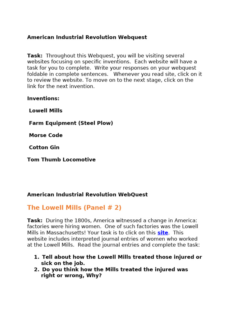 American Industrial Revolution Webquest | PDF | Industrial Revolution