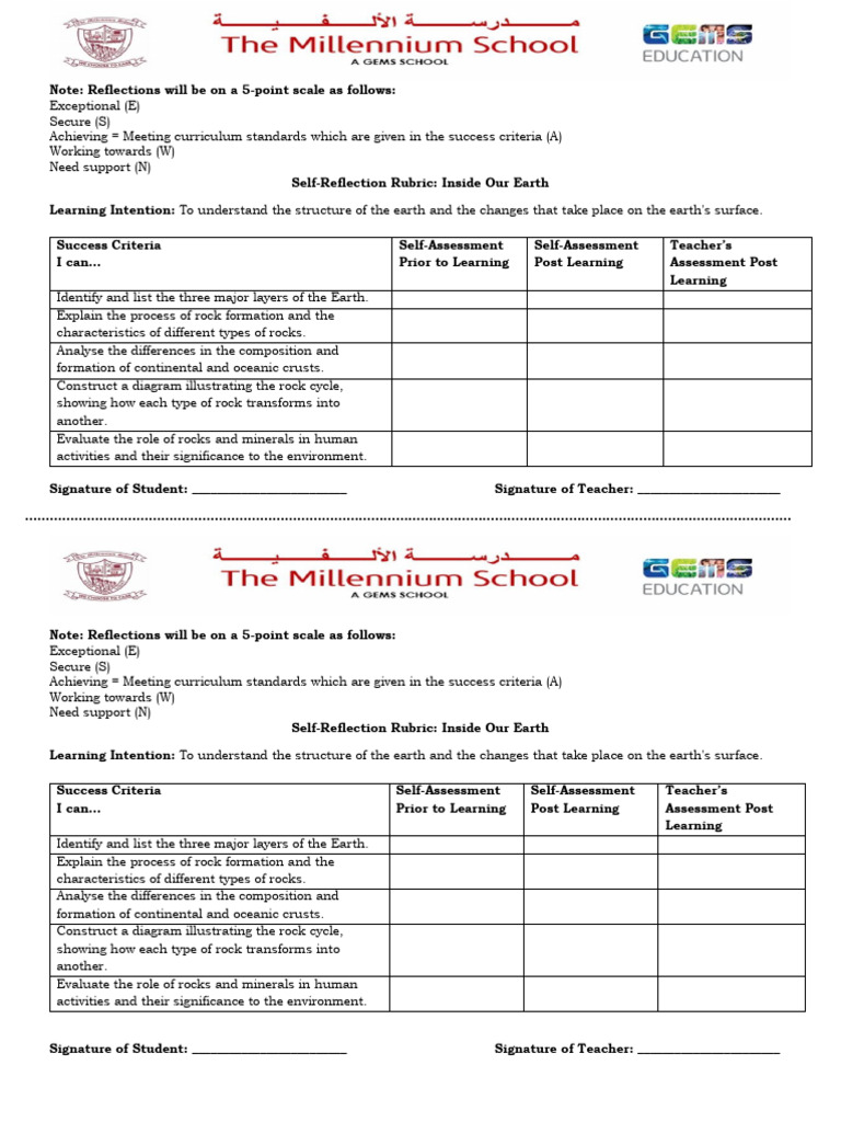 Earth Structure Self-Reflection Rubric | PDF | Rock (Geology) | Rubric (Academic)