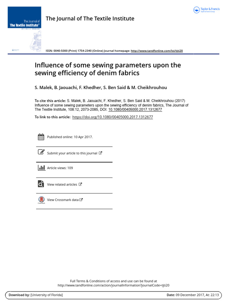 INFLUENCE OF SOME SEWING PARAMETERS UPON THE SEWING EFFICIENCY OF DENIM FABRICS | PDF | Textiles ...