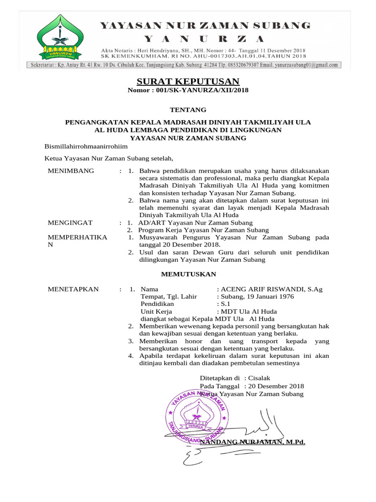 Surat Keputusan Al Huda Antay | PDF