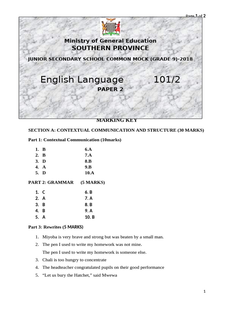 Marking Key For g9 English p2 Exam 1 | PDF