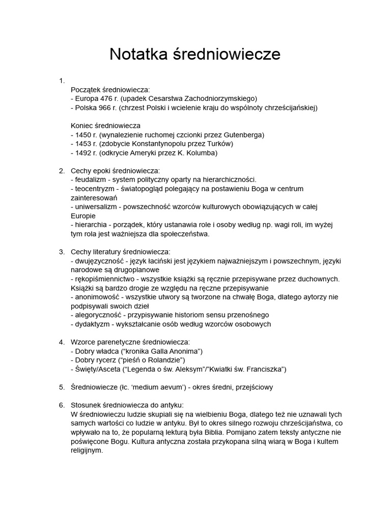 Notatka Średniowiecze | PDF