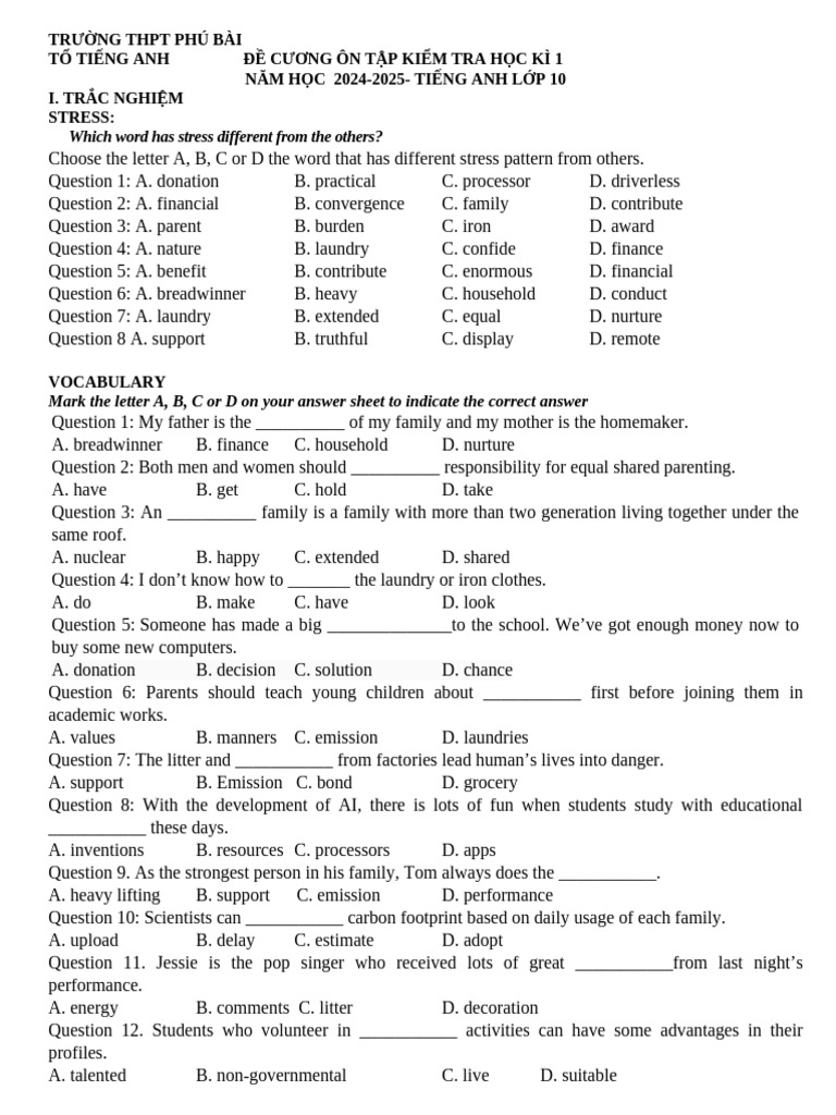 Tieng Anh 10 de Cuong ck1 24 25 | PDF | Coca Cola
