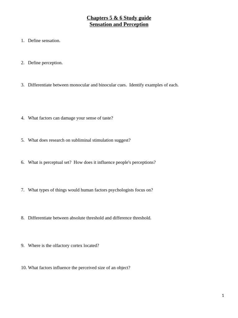 Chapters 5 & 6 Study Guide | PDF | Perception | Senses