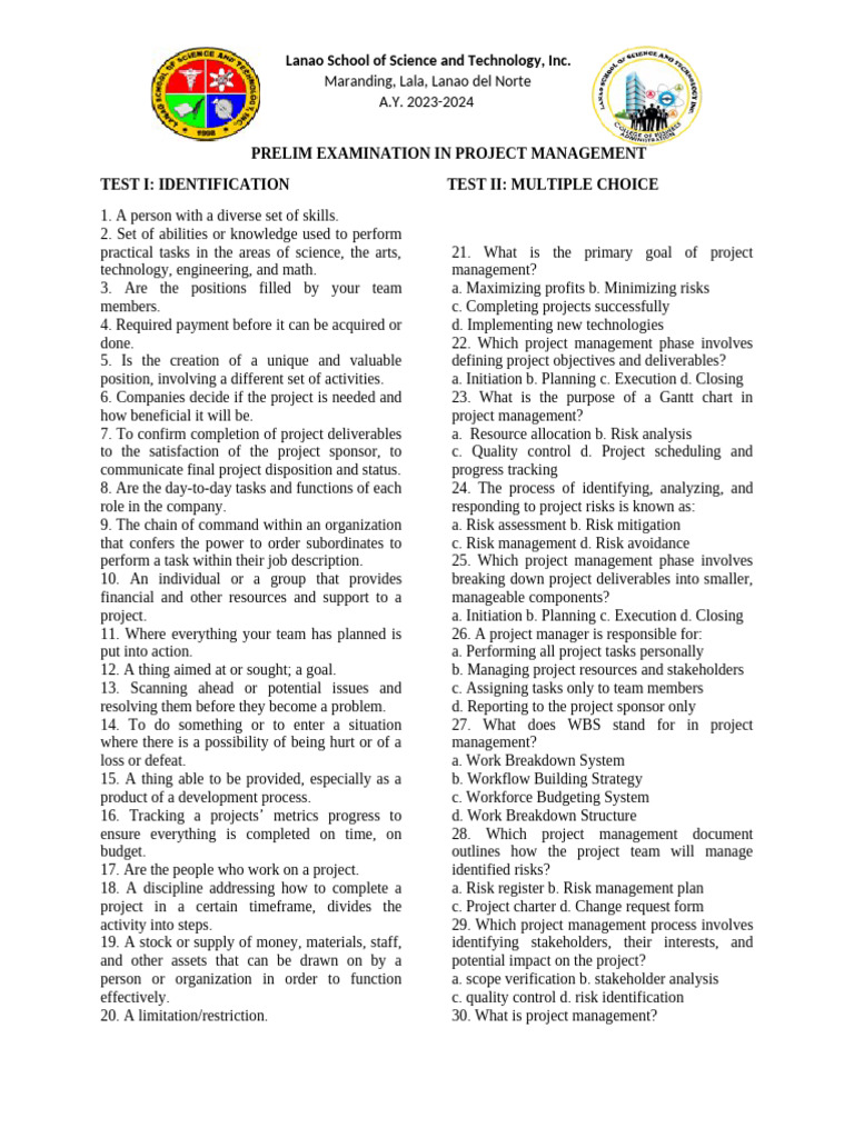 PRELIM PROJECT MANAGEMENT | PDF | Project Management | Risk Management