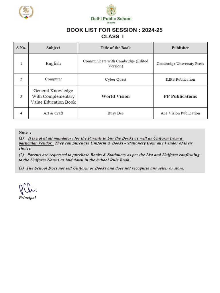 DPS Indore Book List 2024 25 Classes I To XII | PDF | Textbook
