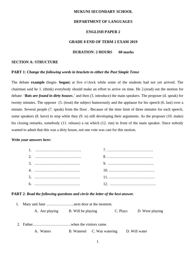 Grade 8 English Term 2 Exam 2019 | PDF