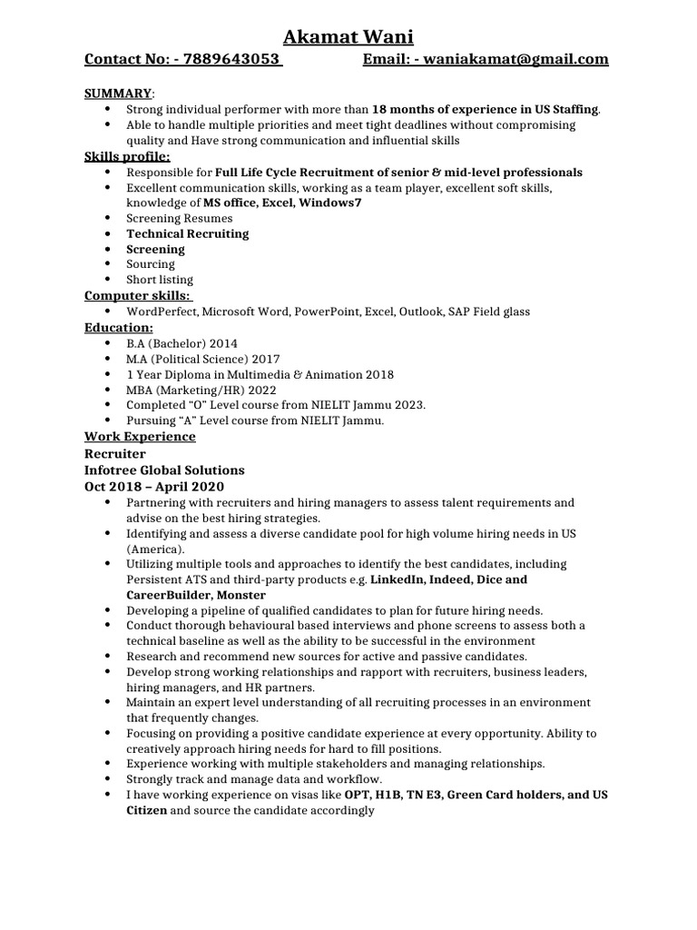 Akamat Wani Formatted Resume Pdf Recruitment