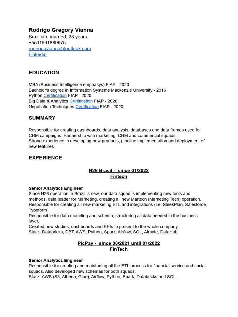 Rodrigo Vianna: Senior Analytics Engineer | PDF | Mobile App | Performance Indicator