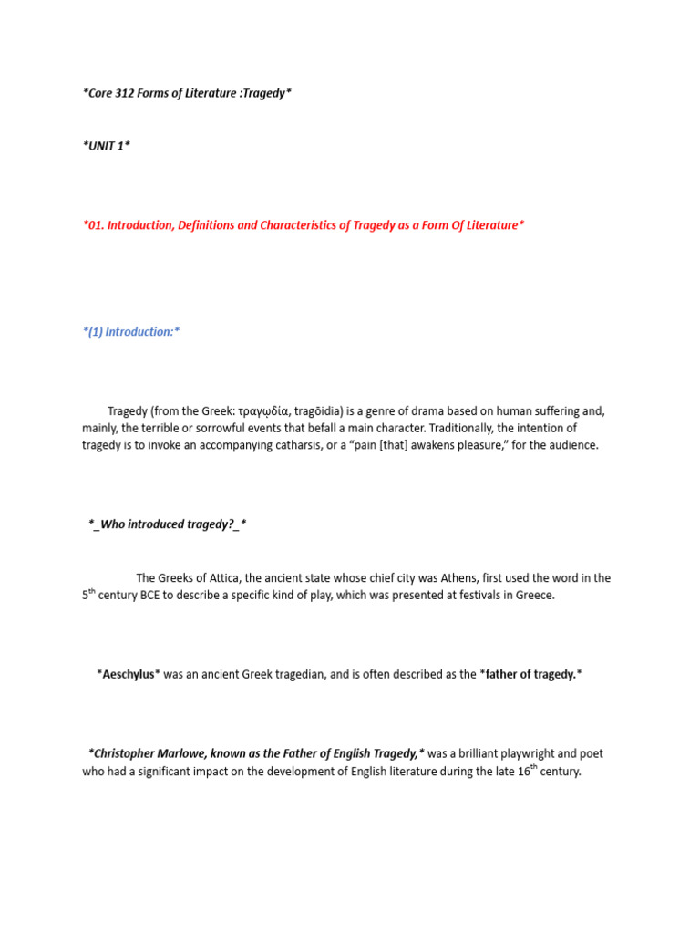 Intro Defi & Charac Tragedy Form Literature | PDF | Tragedy