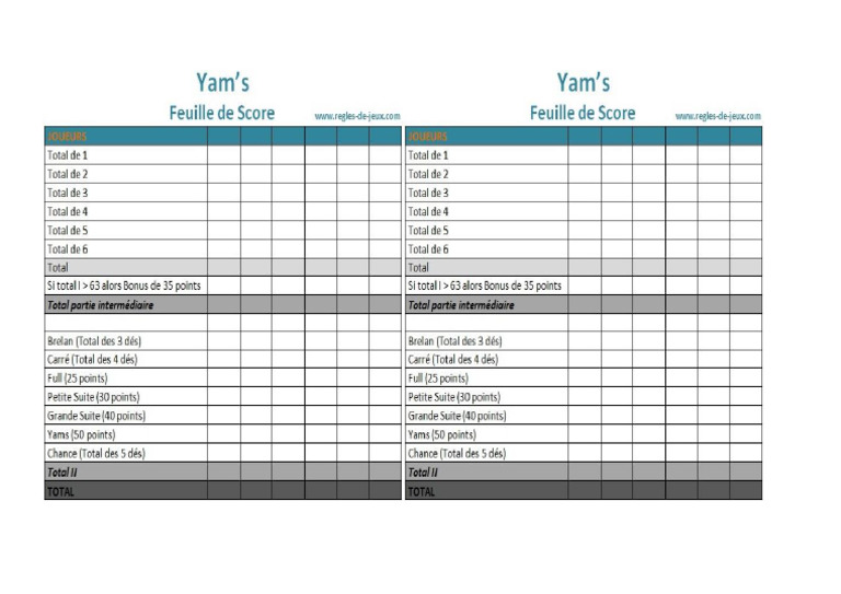 Feuille Score Yams | PDF