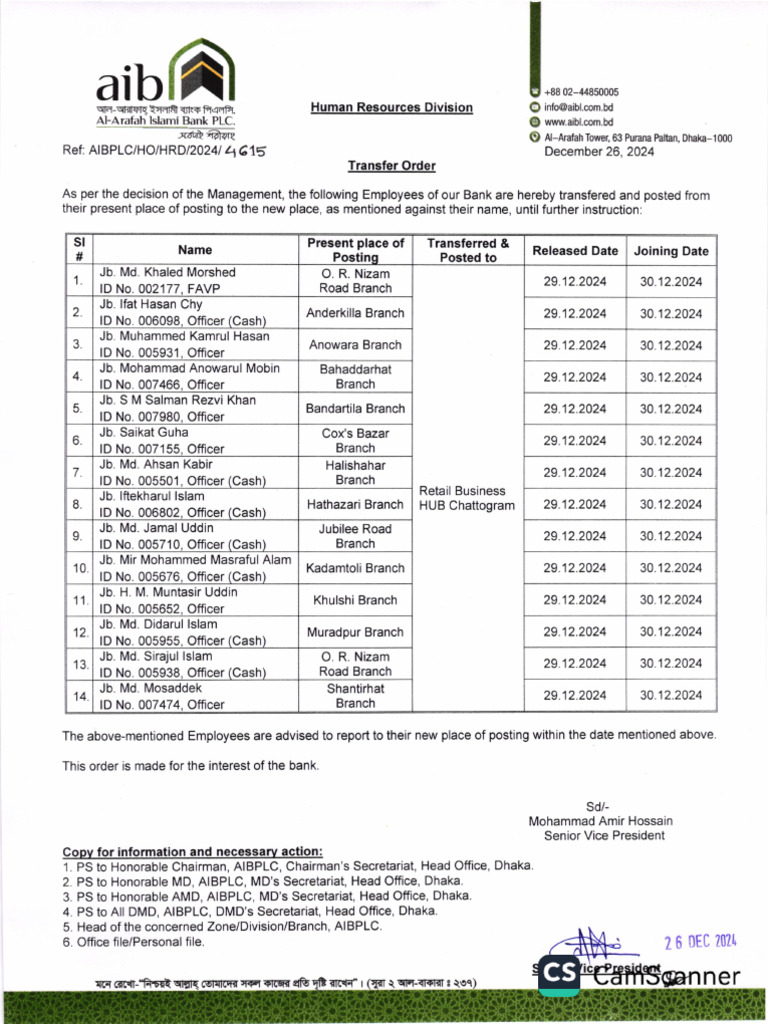 AIBPLC Employee Transfer Order | PDF
