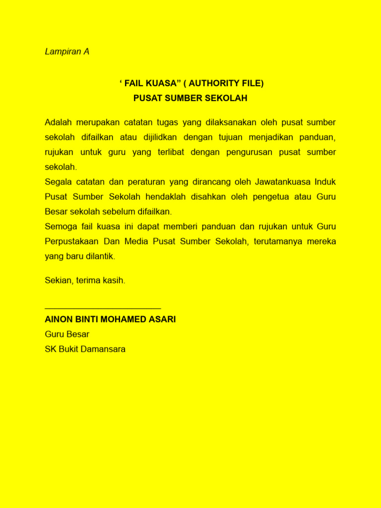 Lampiran A Fail Kuasa" (Authority File) Pusat Sumber Sekolah SKBD | PDF