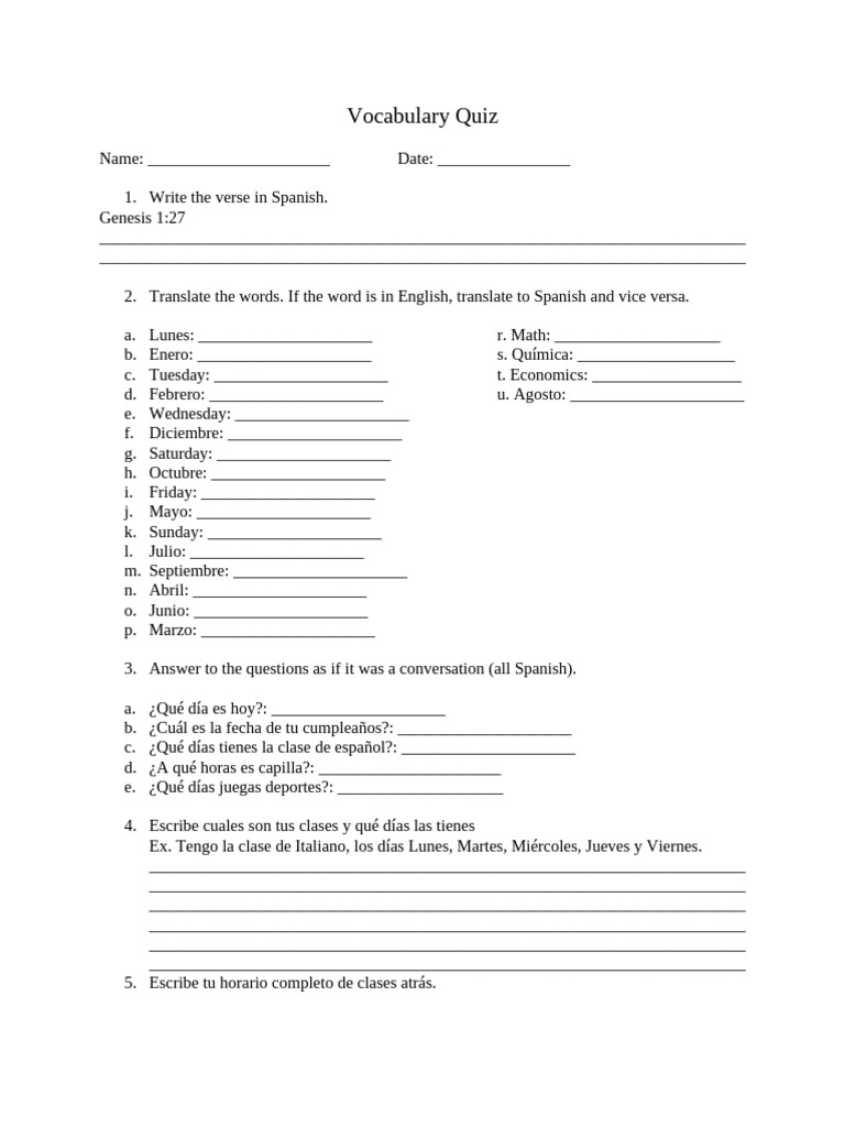 Examen de Vocabulario Bilingüe | PDF