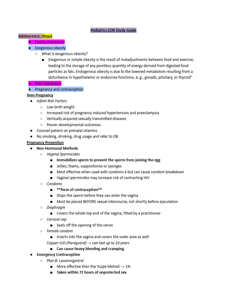 Pediatrics EOR Study Guide | PDF | Birth Control | Dermatitis