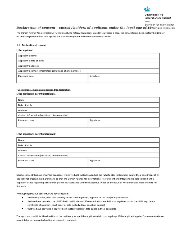 Declaration of Consent - Custody Holders of Unaccompanied Minor | PDF