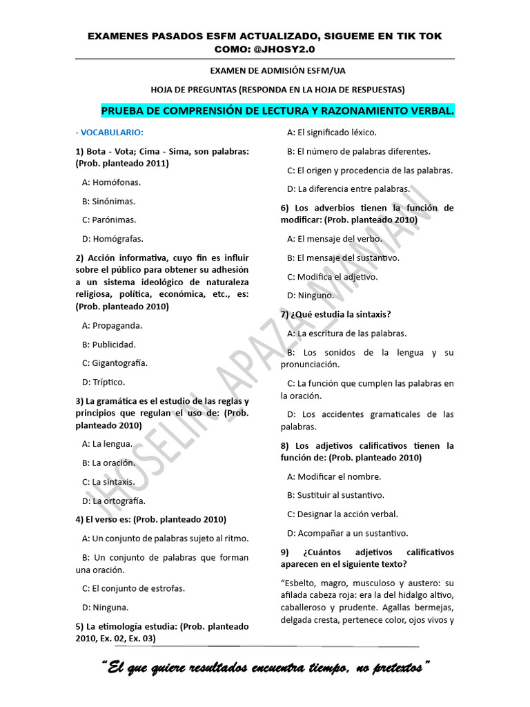 COMPRENSIÓN DE LECTURA Y RAZONAMIENTO VERBAL (1) | PDF | Palabra | Verbo
