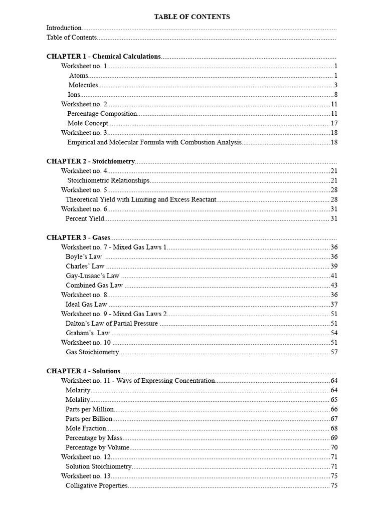 Table of Contents in Chem | PDF | Stoichiometry | Gases