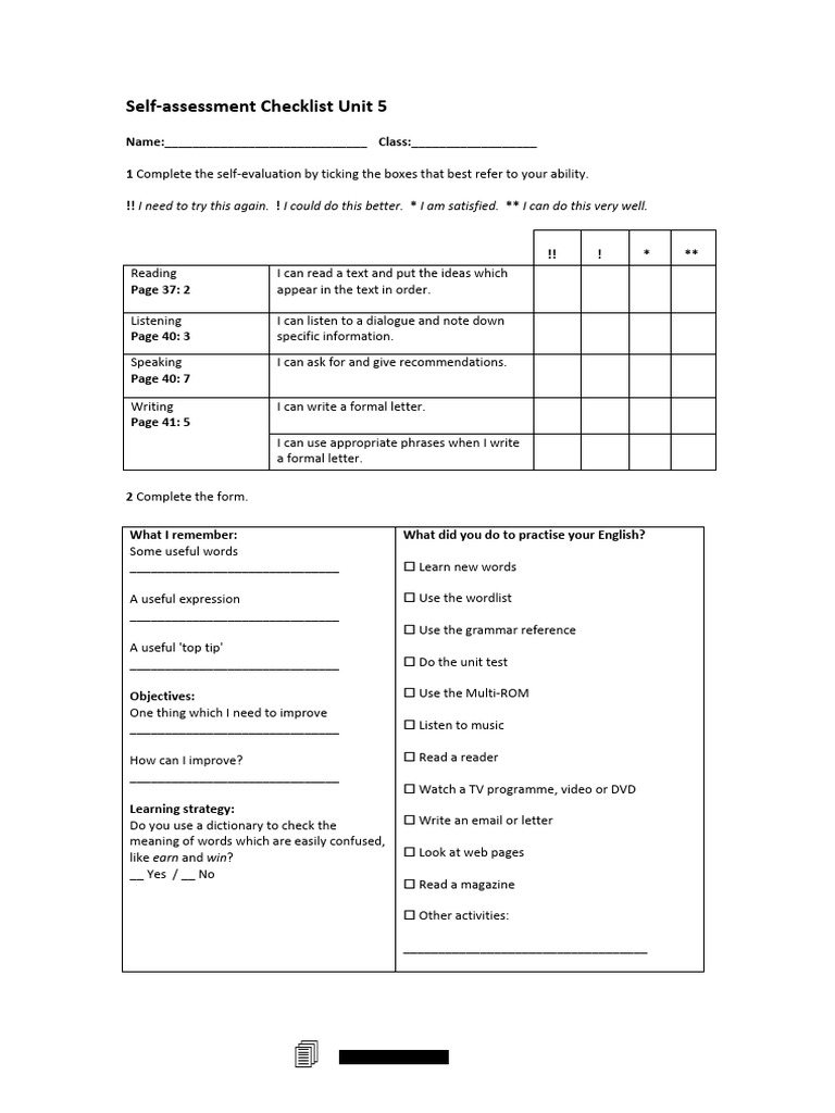 Self-Assessment Checklist Unit 5 | PDF