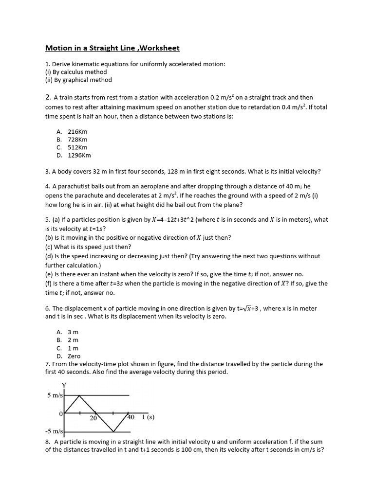 Motion in A Straight Line - Worksheet | PDF