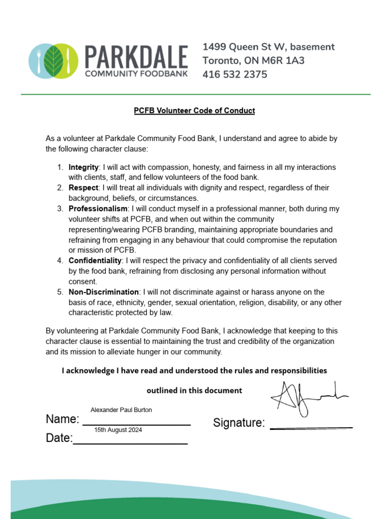 Volunteer Code of Conduct (Signed) | PDF