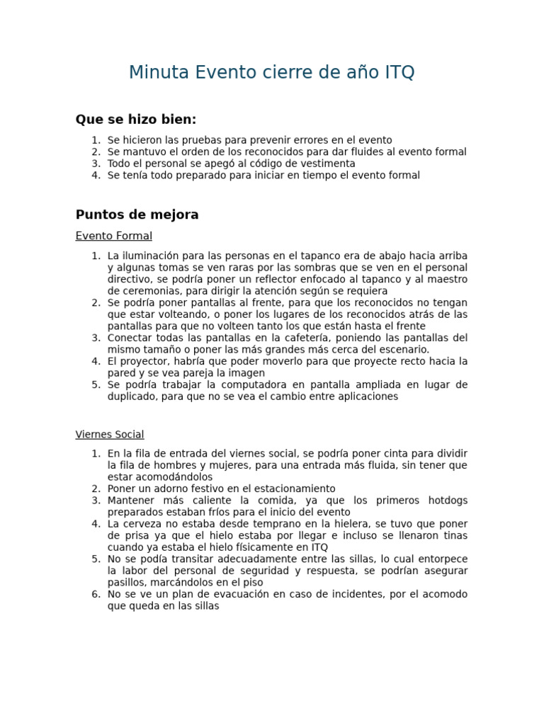 Minuta Evento Cierre de Año ITQ | PDF
