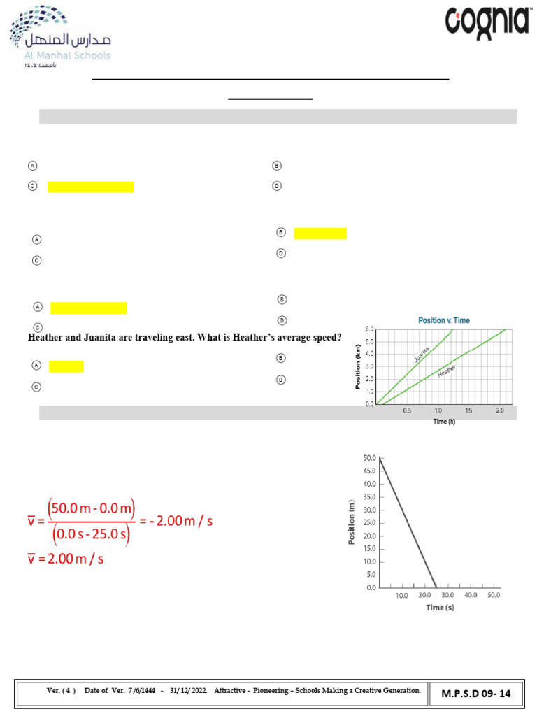 Worksheet 2-GR9-Answer Key | PDF | Speed | Velocity