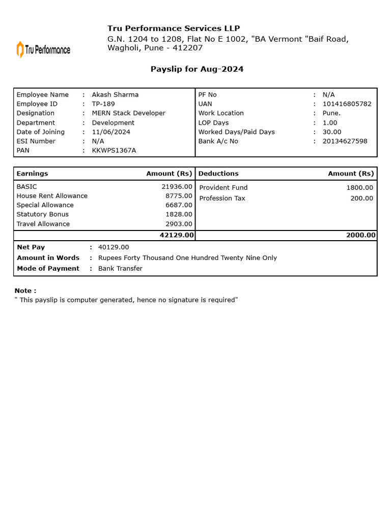 August 2024 Salary Slip for Akash Sharma | PDF