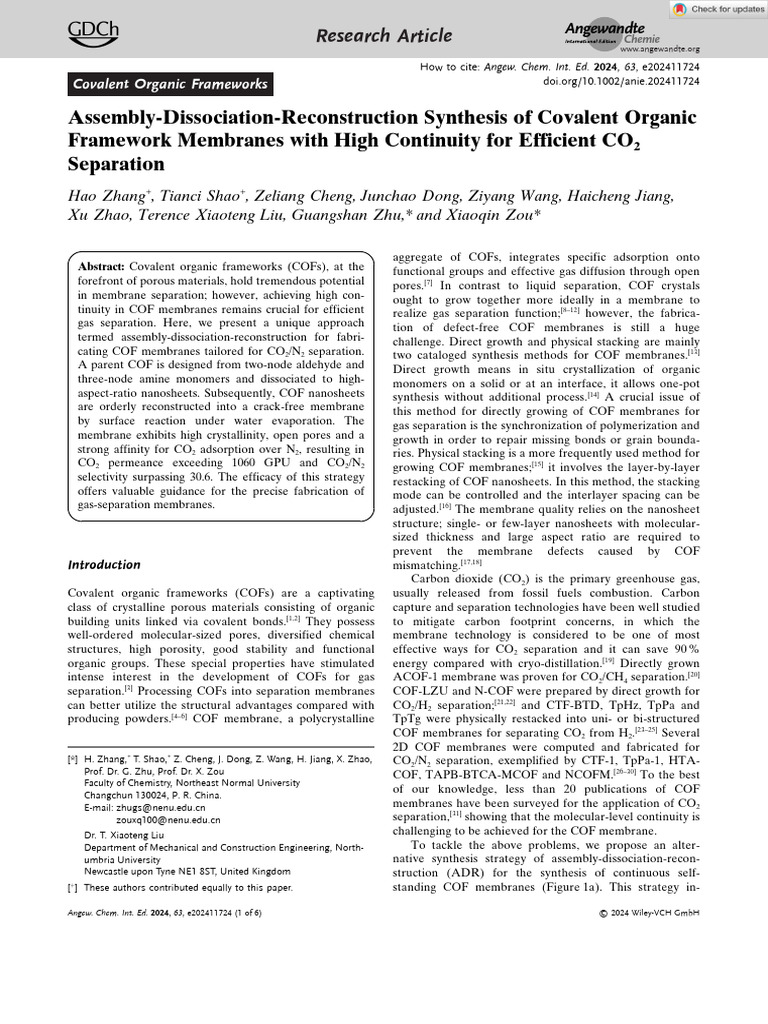 Angew Chem Int Ed - 2024 - Zhang - Assembly‐Dissociation‐Reconstruction Synthesis of Covalent ...