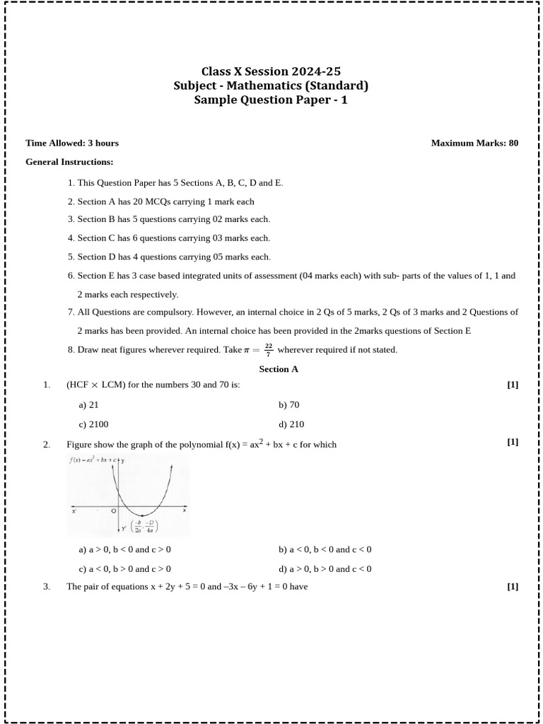 Class X Session 2024-25 Subject - Mathematics (Standard) Sample Question Paper - 1 | PDF ...