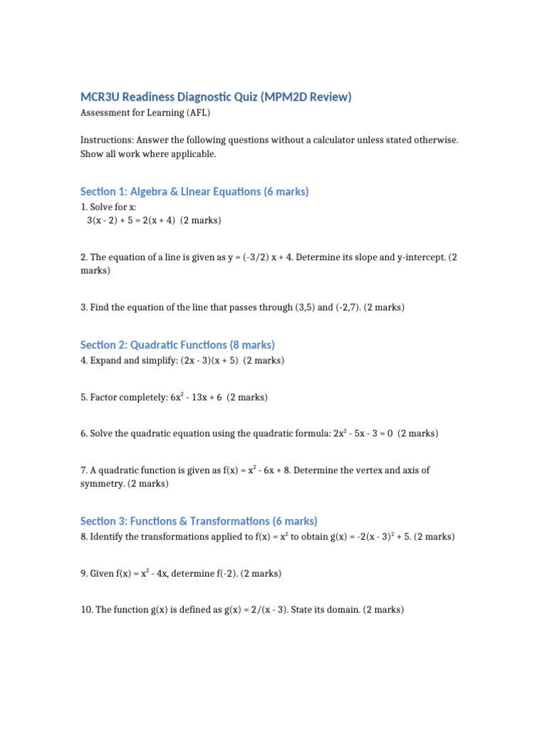 MCR3U Readiness Quiz | PDF