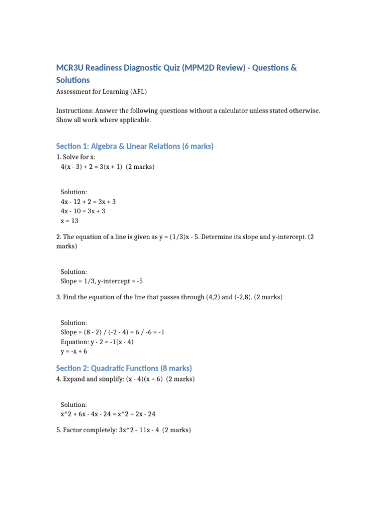 MCR3U Diagnostic Quiz: Algebra & Trig | PDF | Triangle | Quadratic Equation