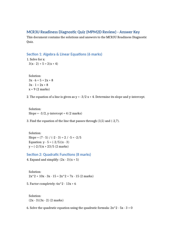 MCR3U Readiness Quiz Answer Key | PDF | Quadratic Equation | Equations