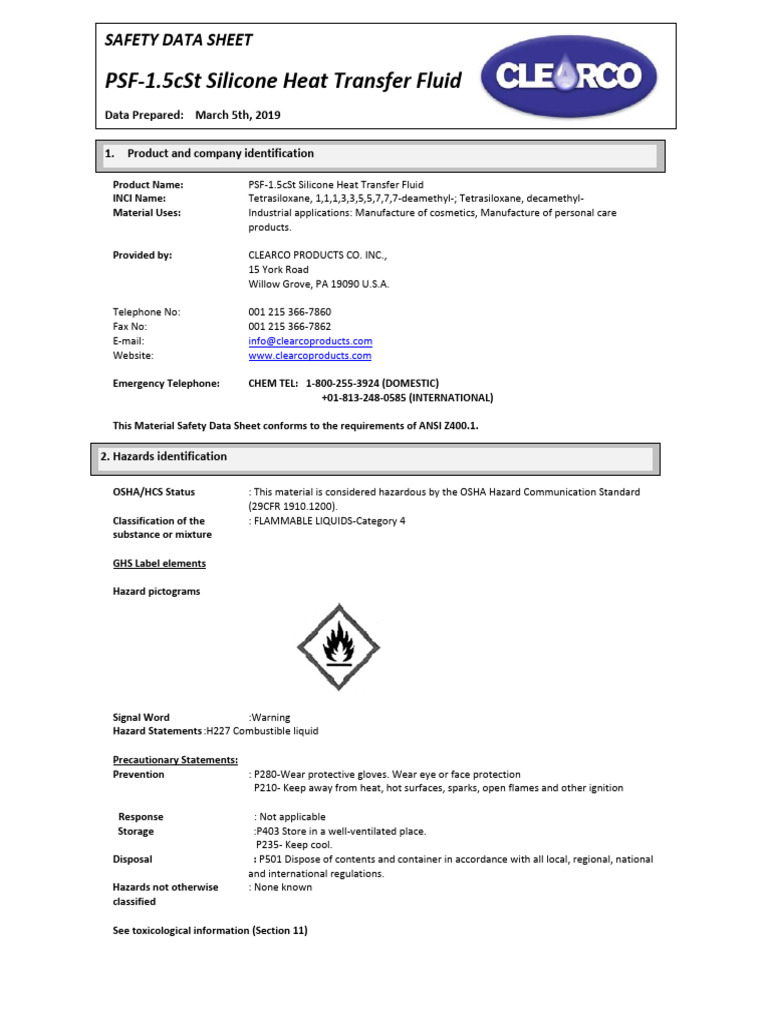 SDS PSF 1.5cSt Silicone Heat Transfer Fluid | PDF | Personal Protective ...