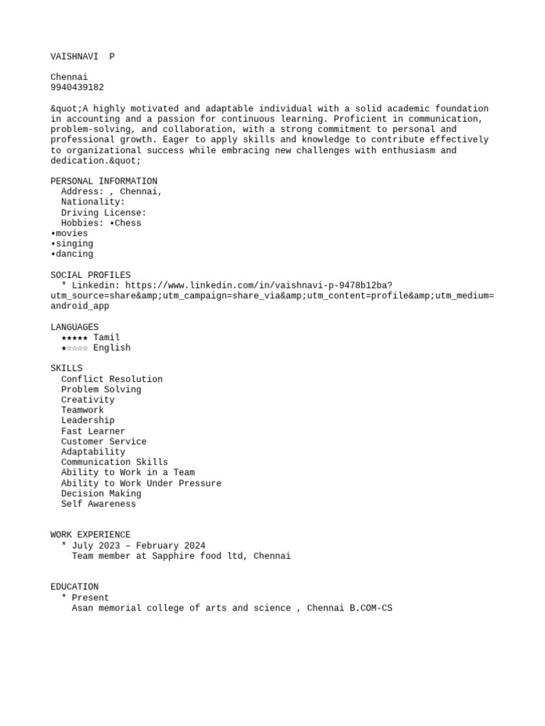 Vaishnavi P - Resume | PDF