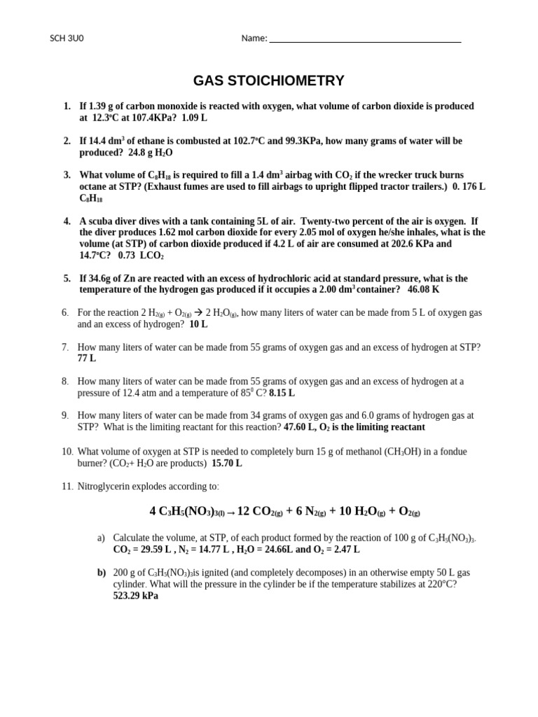 Gas Stoichiometry Problem Set | PDF | Oxygen | Stoichiometry