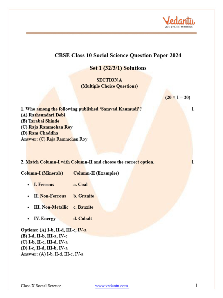 Cbse Class 10 Social Science Paper Set 1 32 3-1-2024 | PDF ...