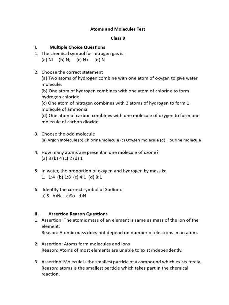 Class 9 Atoms and Molecules Quiz | PDF | Molecules | Chemical Compounds