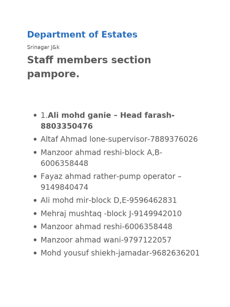 Estates Dept. Staff Contacts J&K | PDF
