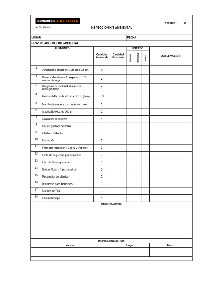 Inspección de Kit Ambiental: Estado y Elementos | PDF