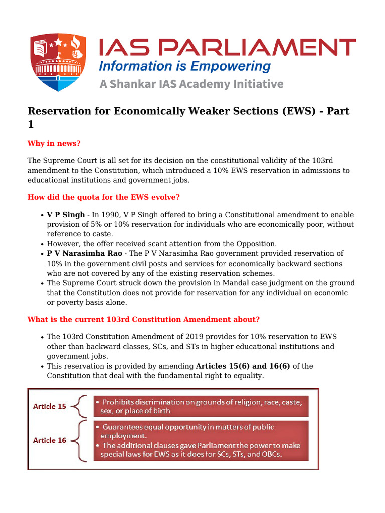 Reservation For Economically Weaker Sections Ews Part 1 | PDF ...