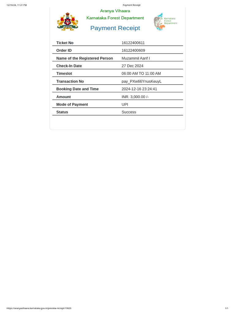 Aranya Vihaara Payment Receipt | PDF