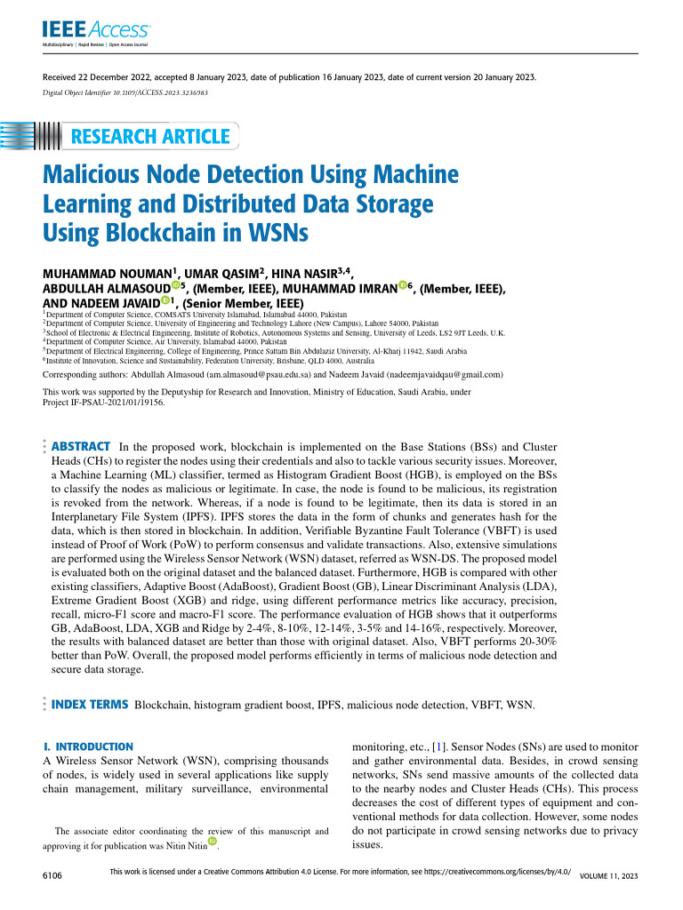 Malicious Node Detection Using Machine Learning And Distributed Data Storage Using Blockchain In