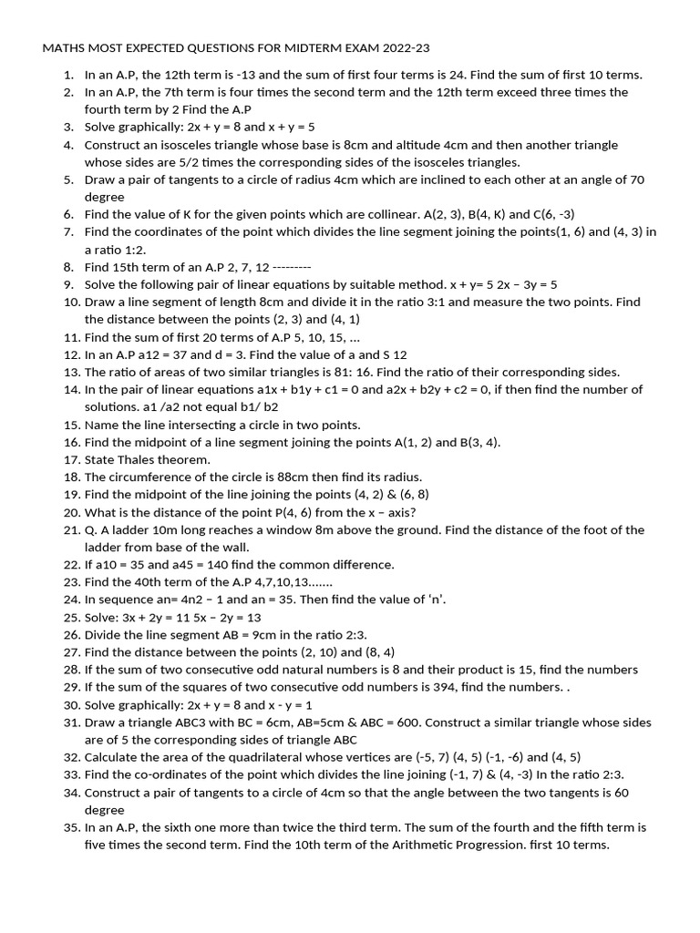 MATHS MOST EXPECTED QUESTIONS FOR MIDTERM EXAM 2022 | PDF | Triangle | Circle
