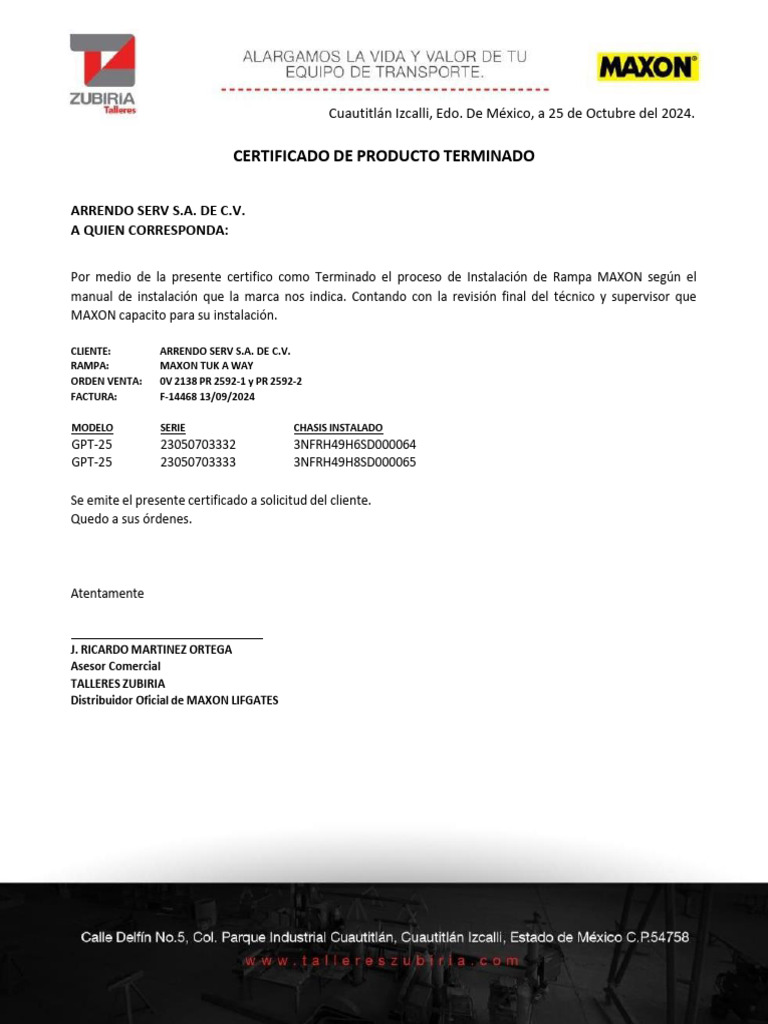 CERTIFICADO DE PRODUCTO TERMINADO MAXON - Unlocked | PDF
