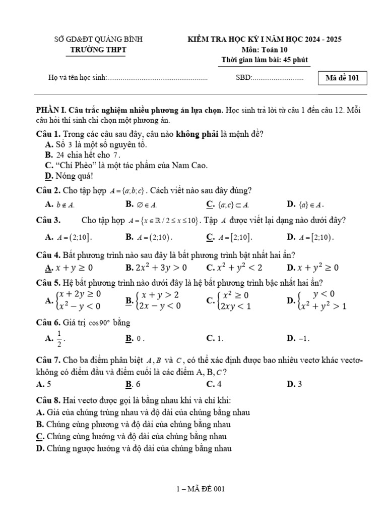 Đề minh họa kiem tra Toan hk1 10 | PDF