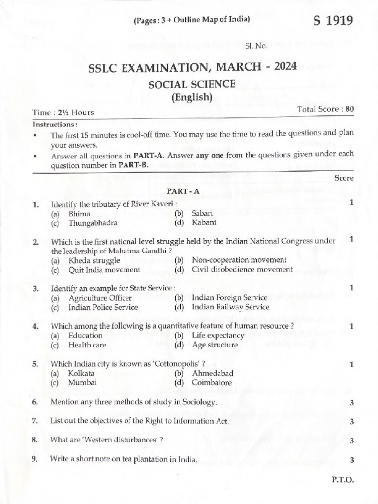 Kerala SSLC Exam 2024 Social Science Question Paper EM | PDF